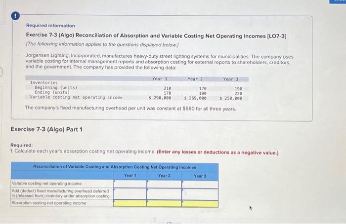 Solved Required information Exercise 7-3 (Algo) | Chegg.com
