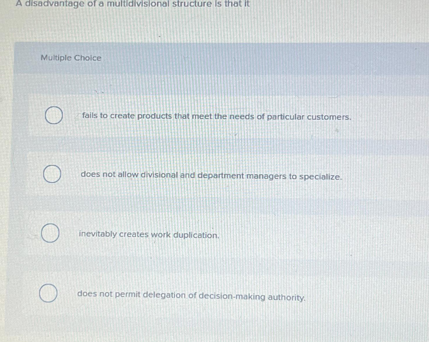 Solved A disadvantage of a multidivisional structure is that | Chegg.com