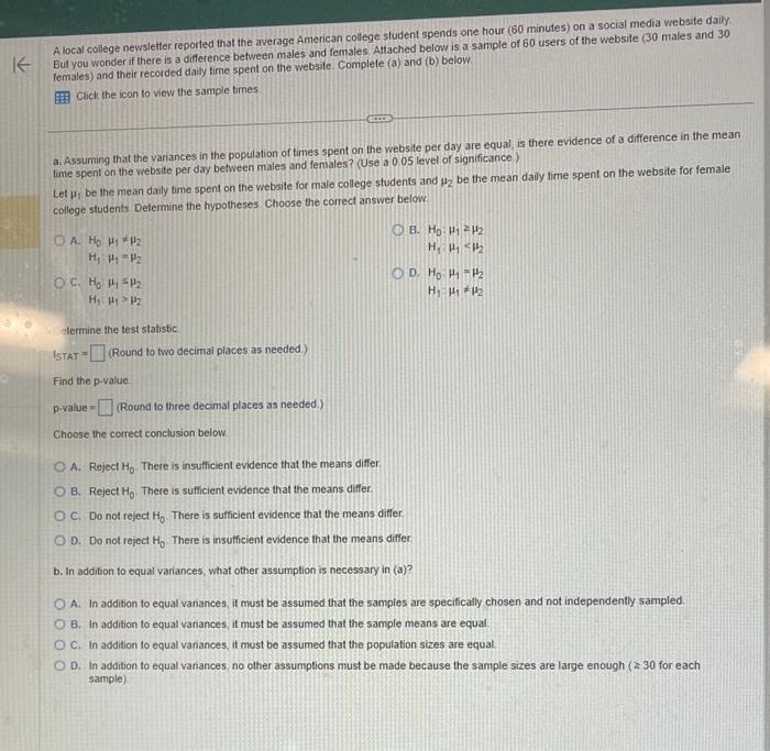 Solved college students. Determine the hypotheses. Choose A. | Chegg.com