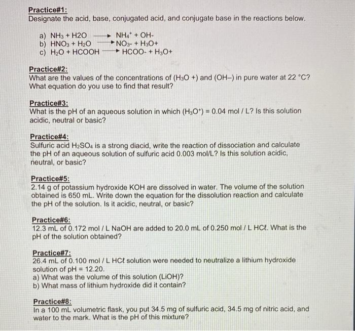 Solved Practice#1: Designate the acid, base, conjugated | Chegg.com