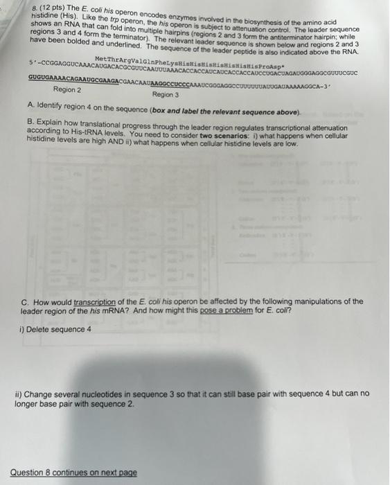 histidine (His). Like the trp operon, the his operon | Chegg.com