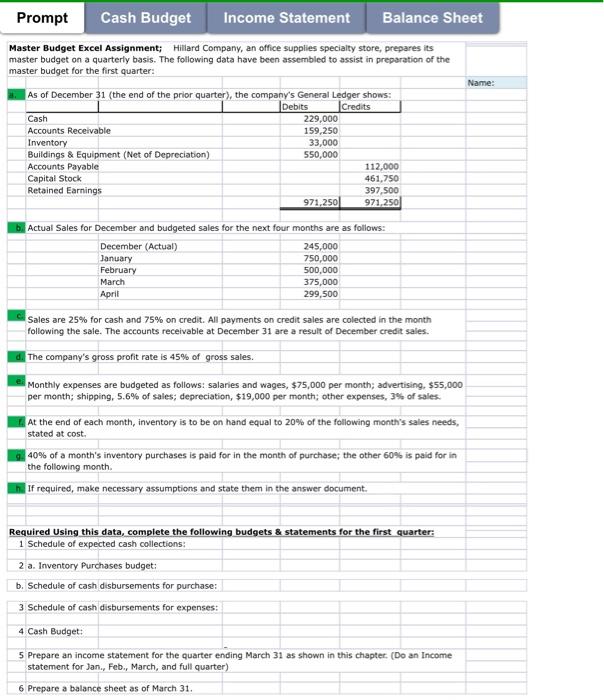 Prompt Cash Budget Income Statement Master Budget | Chegg.com