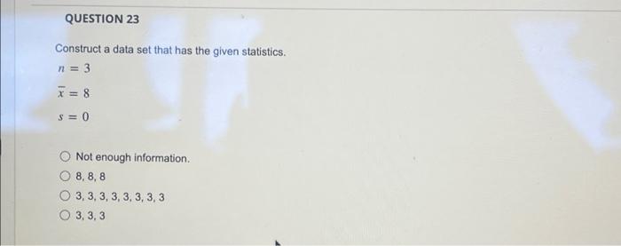 Solved QUESTION 23 Construct a data set that has the given | Chegg.com