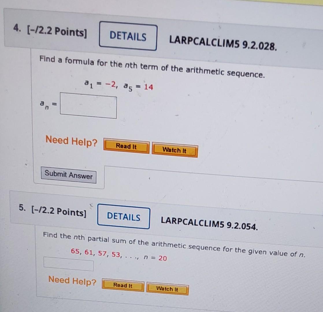Solved Find a formula for the nth term of the arithmetic | Chegg.com