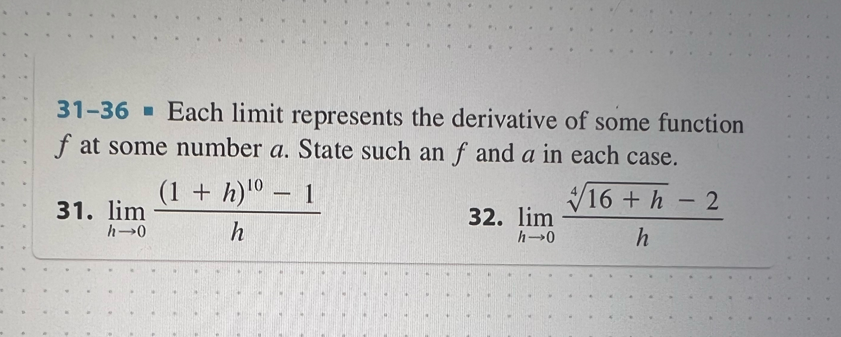 Solved 31-36 - ﻿Each limit represents the derivative of some | Chegg.com