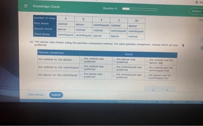 Solved (a) The winner was chosen using the pairwise | Chegg.com