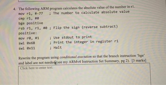 Solved 4. The following ARM program calculates the absolute | Chegg.com