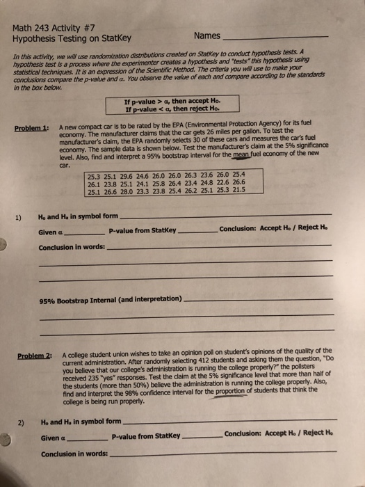 Solved Math 243 Activity 7 Hypothesis Testing On Statkey