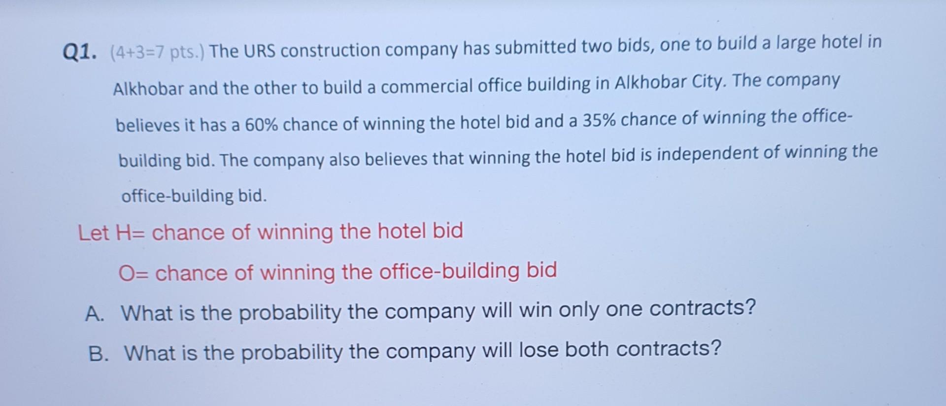 Solved Q1. (4+3=7 pts.) The URS construction company has | Chegg.com