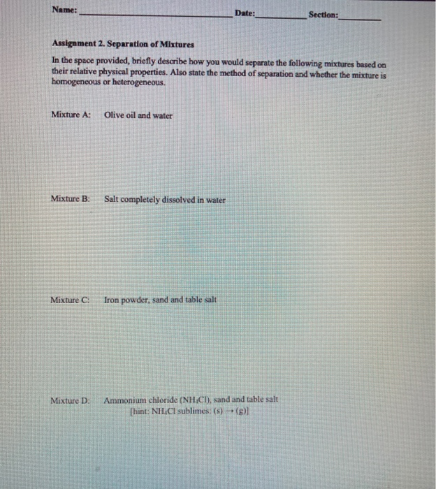 Solved Name: Date: Section: Assignment 2. Separation of | Chegg.com