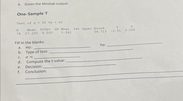 Solved One-Sample T Test of μ=60vs