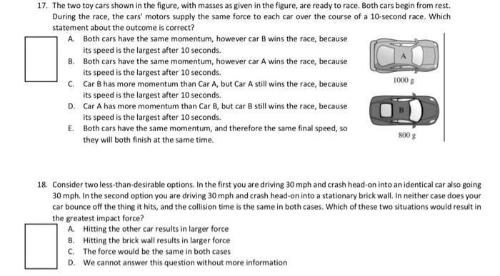 Solved 17. The two toy cars shown in the figure, with masses | Chegg.com