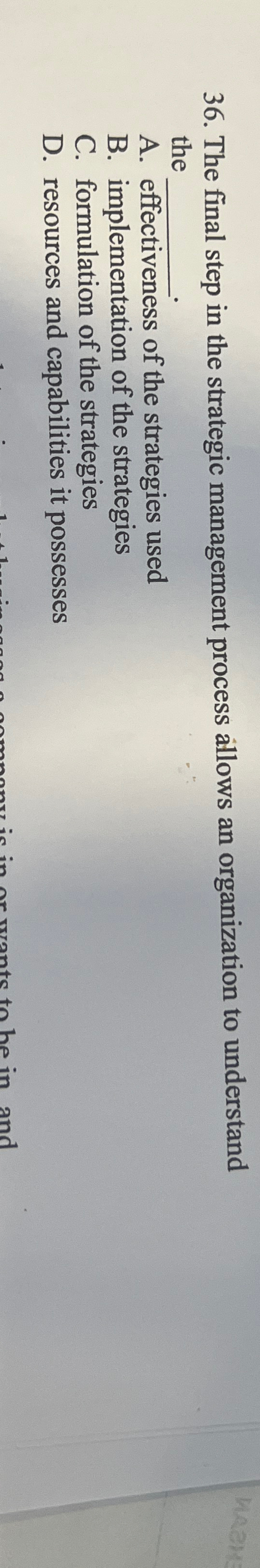 Solved The final step in the strategic management process | Chegg.com