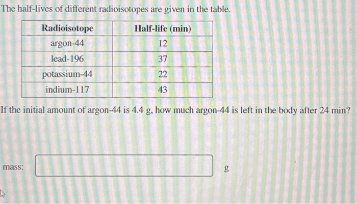 Solved The half-lives of different radioisotopes are given | Chegg.com