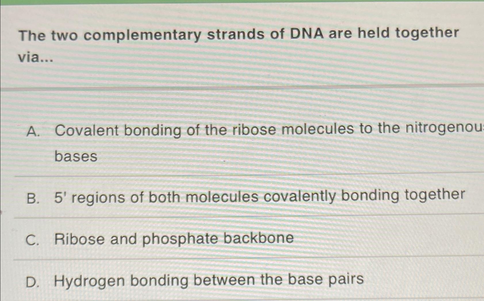 Solved The two complementary strands of DNA are held | Chegg.com