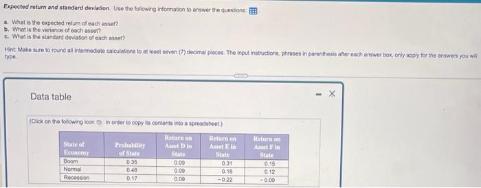 Solved Expected roturn and standard deviation. Use tho | Chegg.com