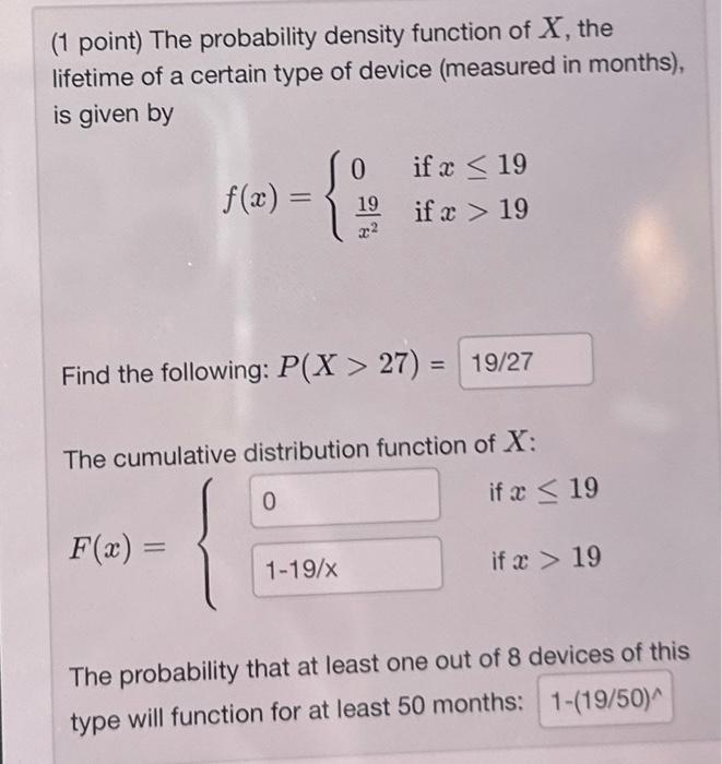 Solved (1 point) The probability density function of X, the | Chegg.com