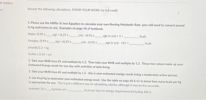 Solved 1. Piease use the Miffin St Jeor Equation to | Chegg.com