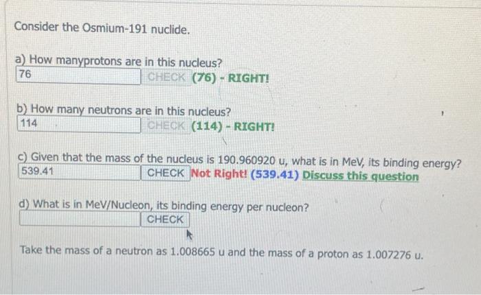 Solved Consider the Osmium-191 nuclide. a) How manvorotons | Chegg.com