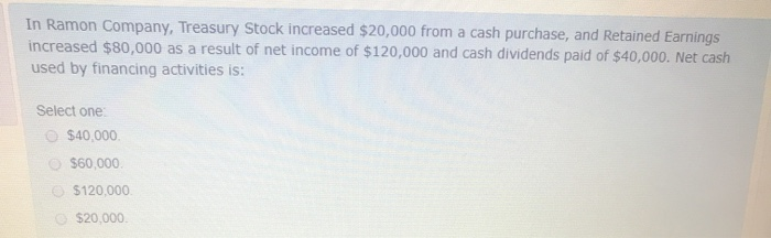 Solved In Ramon Company, Treasury Stock increased $20,000 | Chegg.com