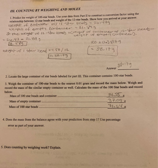 Solved III. COUNTING BY WEIGHING AND MOLES 1. Predict the | Chegg.com