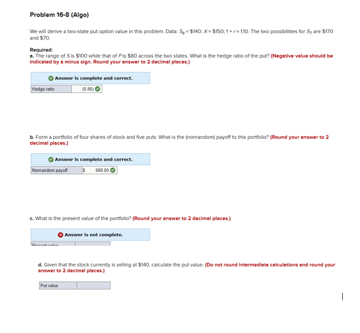Solved Problem 16-8 (Algo)We will derive a two-state put | Chegg.com