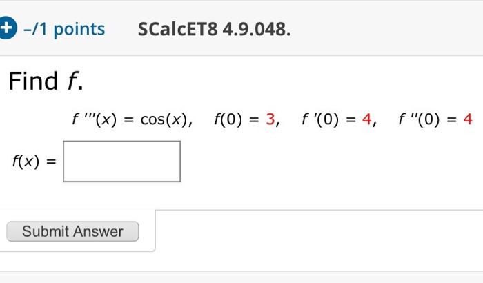 Solved + -/1 points SCalcET8 4.9.048. Find f. f''(x) = | Chegg.com