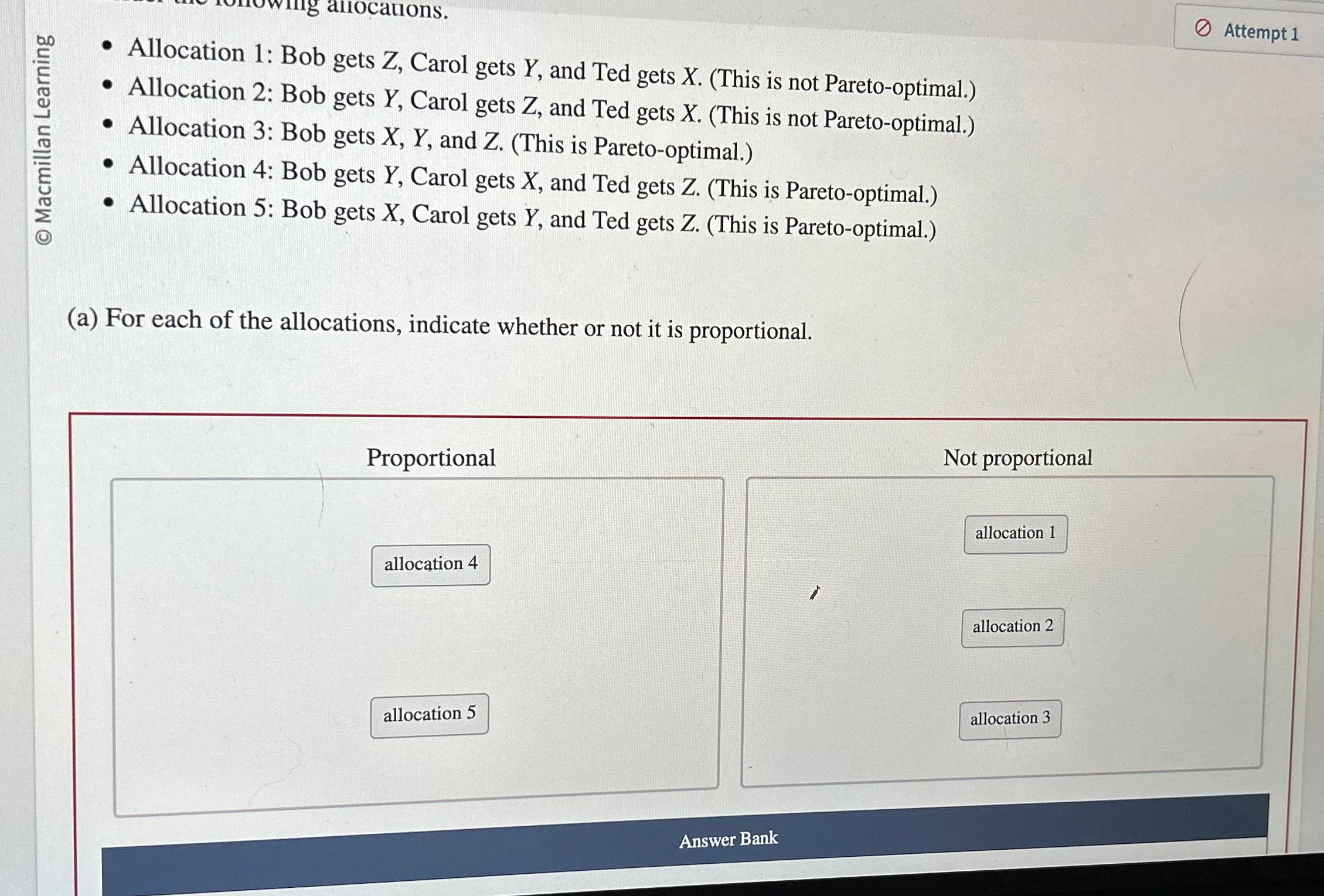 Solved Allocation 1: Bob gets Z, ﻿Carol gets Y, ﻿and Ted | Chegg.com
