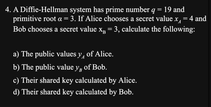 Solved 4. A Diffie-Hellman system has prime number q=19 and | Chegg.com