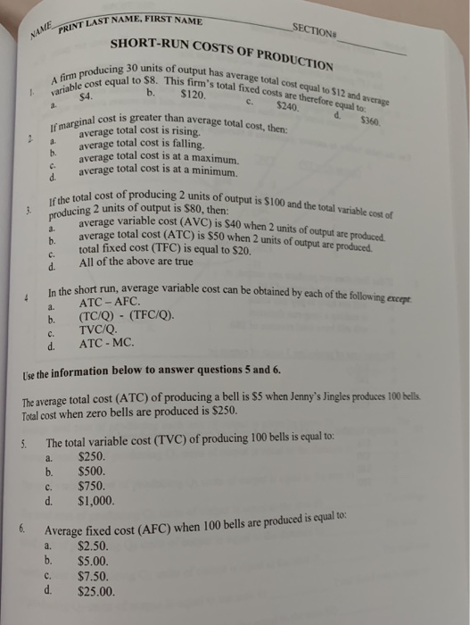 Solved SECTIONS NAME PRINT LAST NAME, FIRST NAME SHORT-RUN | Chegg.com