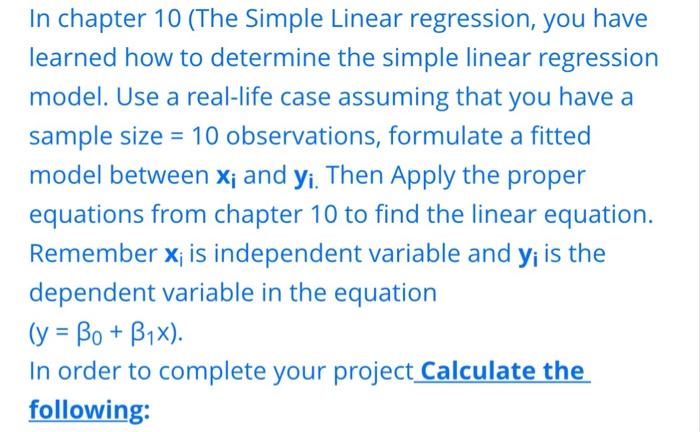 Solved In chapter 10 (The Simple Linear regression, you have | Chegg.com