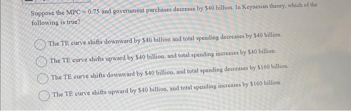 Solved Suppose the MPC =0.75 and government purchases | Chegg.com