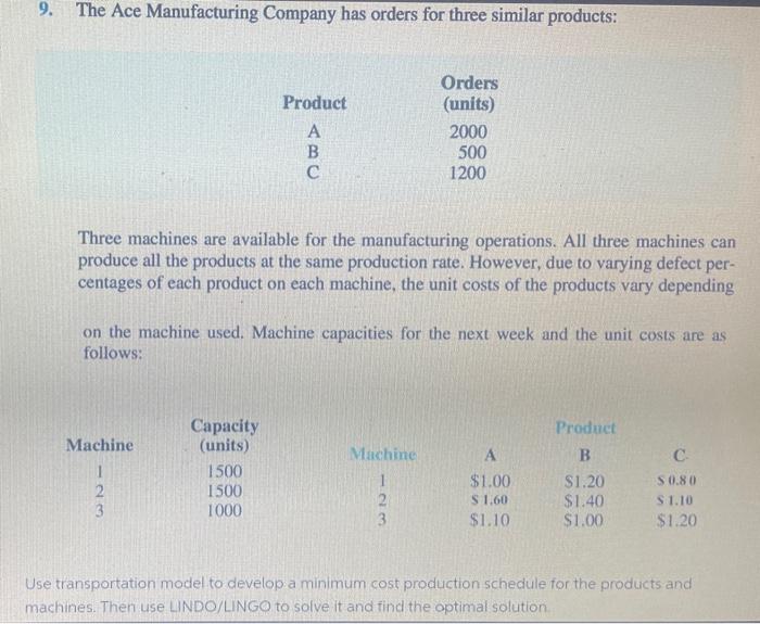 Solved 9. The Ace Manufacturing Company has orders for three | Chegg.com