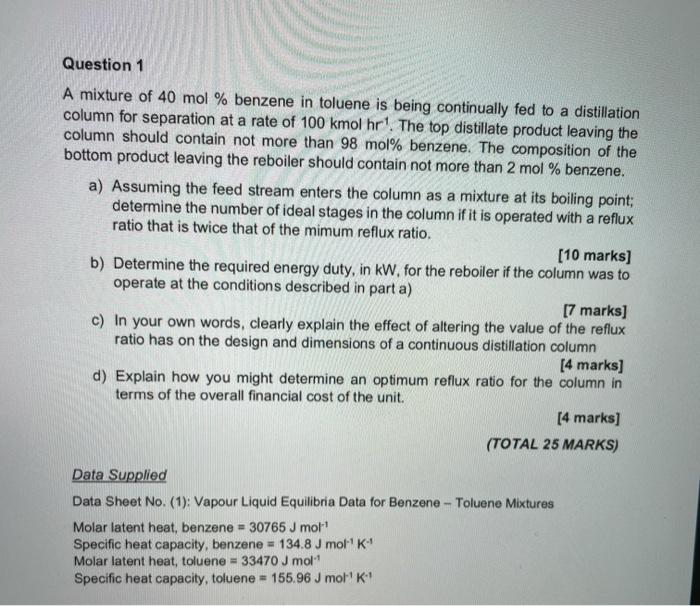 Solved Question 1 A mixture of 40 mol % benzene in toluene | Chegg.com