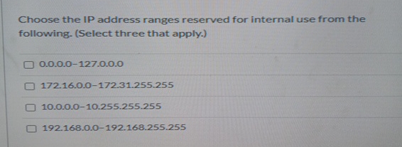 Solved Choose the IP address ranges reserved for internal | Chegg.com