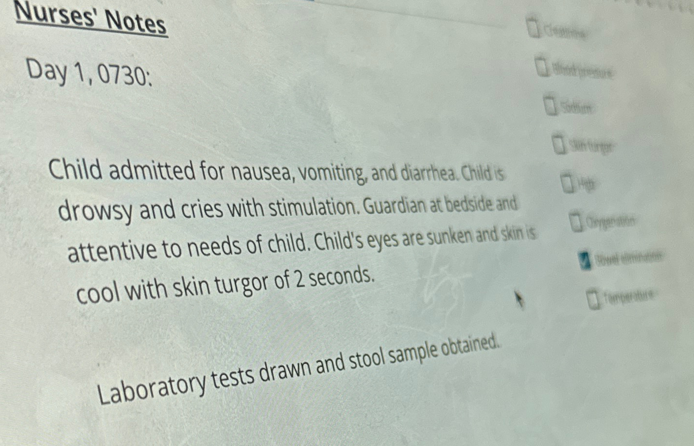 Solved Nurses' NotesDay 1, 0730:Child admitted for nausea, | Chegg.com