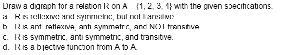 Solved Draw a digraph for a relation R ﻿on A={1,2,3,4} ﻿with | Chegg.com