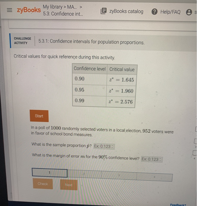 Solved = zyBooks 5.3: Confidence int.. My library > MA... > | Chegg.com
