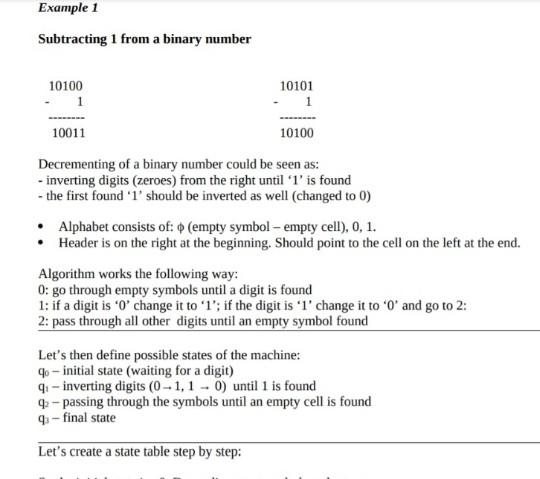 Solved Example 1 Subtracting 1 from a binary number 10100 1 | Chegg.com