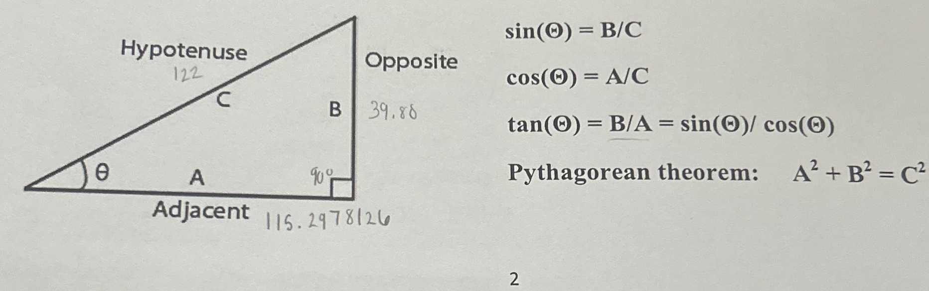 Solved sin(Θ)=BCcos(Θ)=ACtan(Θ)=BA=sinΘcos(Θ)Pythagorean | Chegg.com