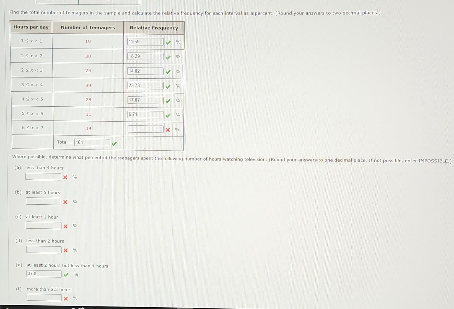 Solved (a) less than 4 hours × % (b) at least 5 hours ×% (c) | Chegg.com