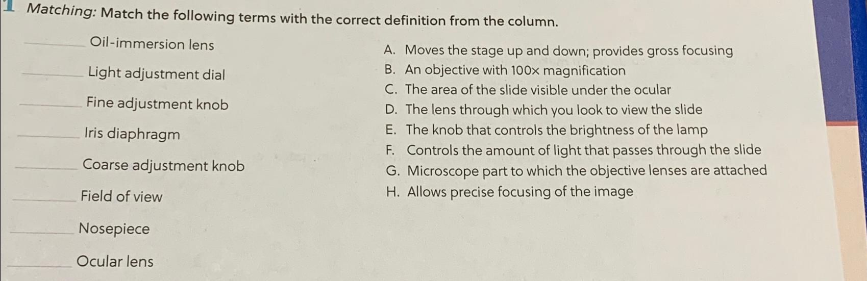 Solved 1 ﻿Matching: Match the following terms with the | Chegg.com
