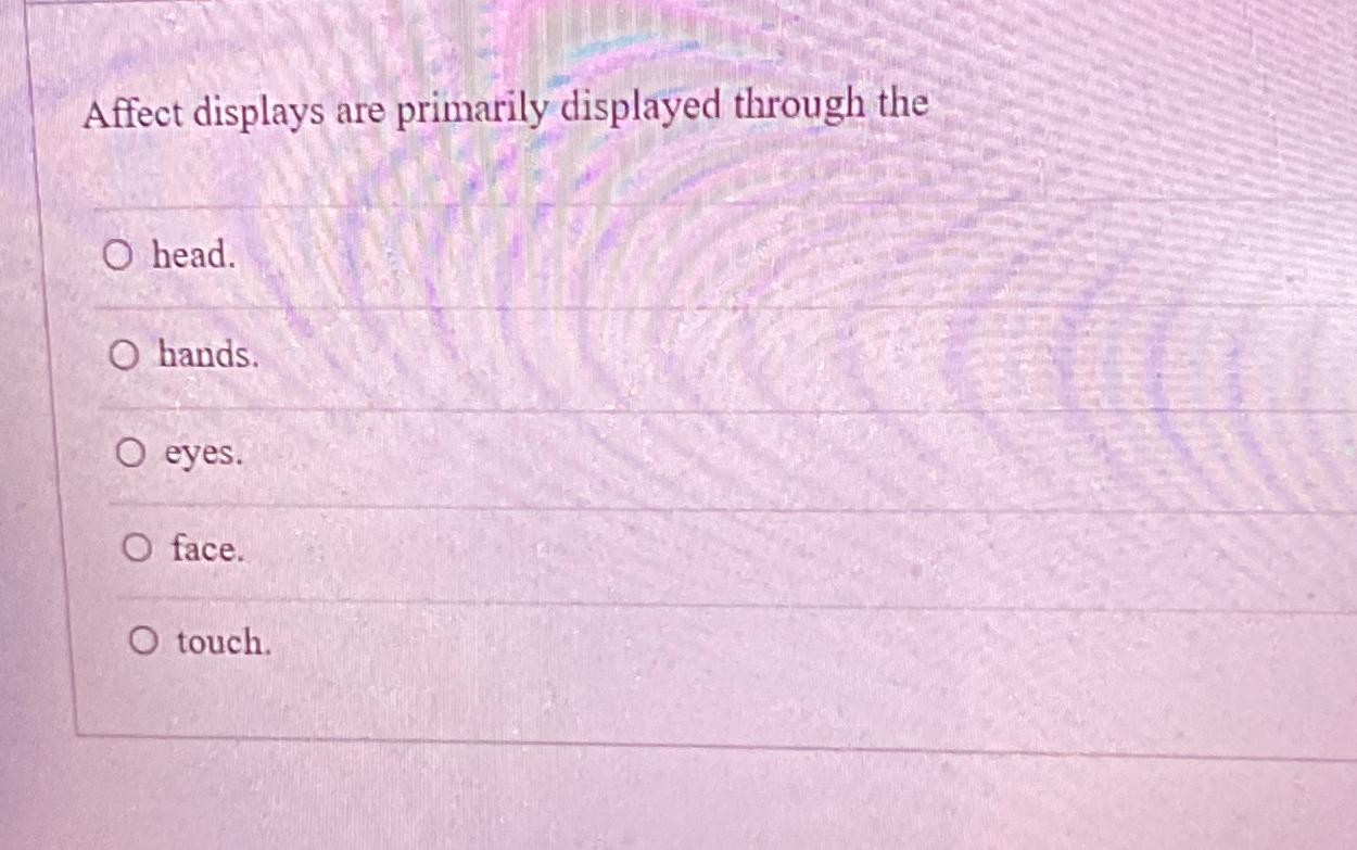 Solved Affect displays are primarily displayed through | Chegg.com