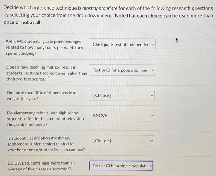 Solved Decide which inference technique is most appropriate | Chegg.com