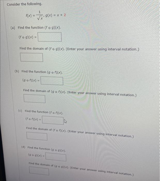 Solved Consider the following. f(x)=x1,g(x)=x+2 (a) Find the | Chegg.com