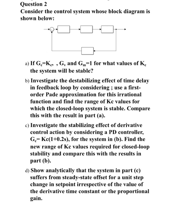 Solved Question 2 Consider the control system whose block | Chegg.com