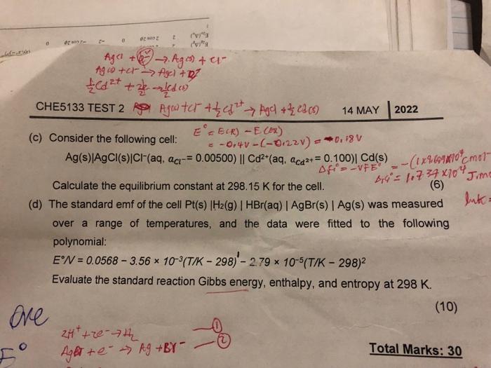 Solved (c) Consider the following cell: E0=E(R)−E(0 N)=−0.4 | Chegg.com