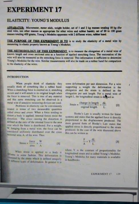 EXPERIMENT 17 ELASTICITY: YOUNG'S MODULUS | Chegg.com