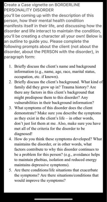 Solved Create a Case vignette on BORDERLINE PERSONALITY | Chegg.com
