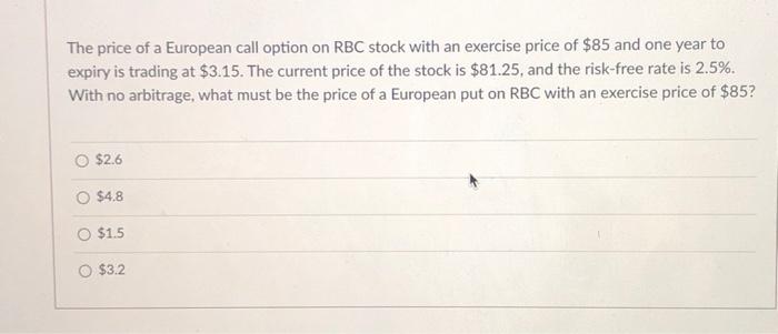 Solved The price of a European call option on RBC stock with | Chegg.com